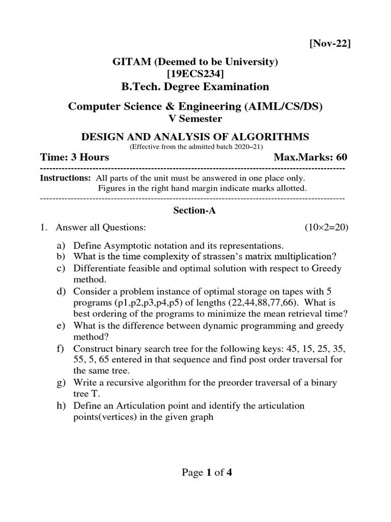 19ecs234 - Design and Analysis of Algorithms | PDF | Dynamic Programming | Time Complexity