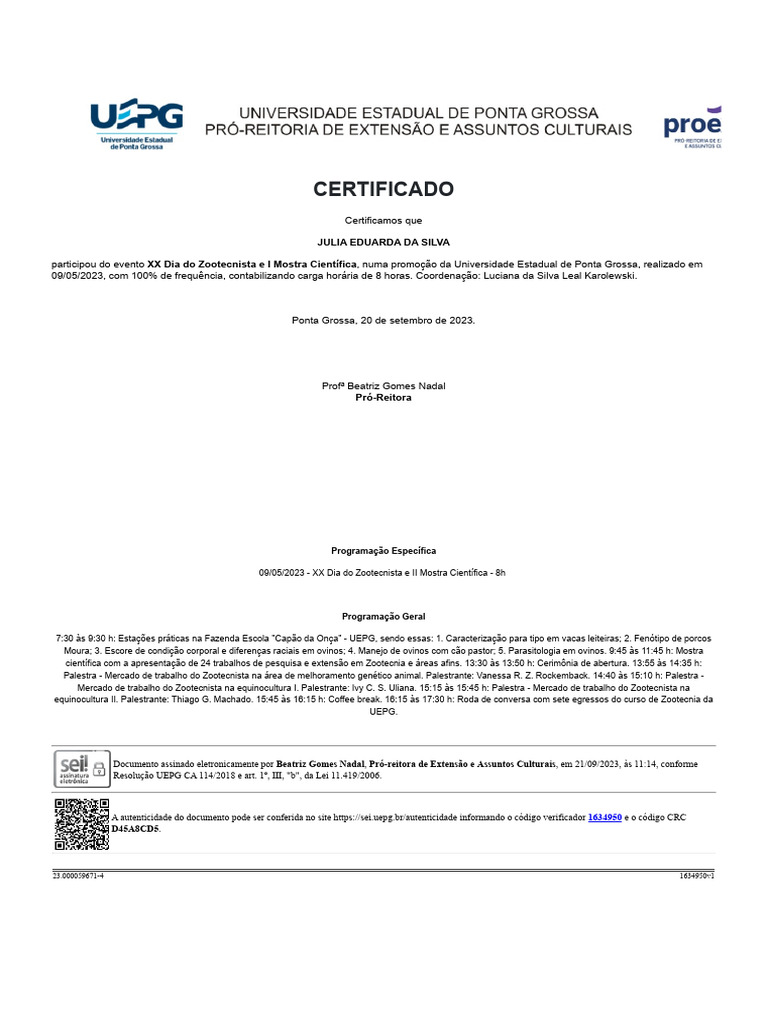 SEI-UEPG - 1634950 - Certificado Sumerio | PDF | Organismos | Etnobiologia