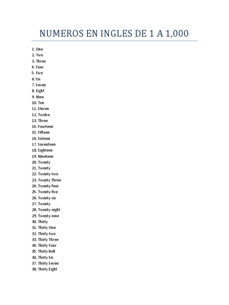 Numeros en Ingles de 1 a 1000