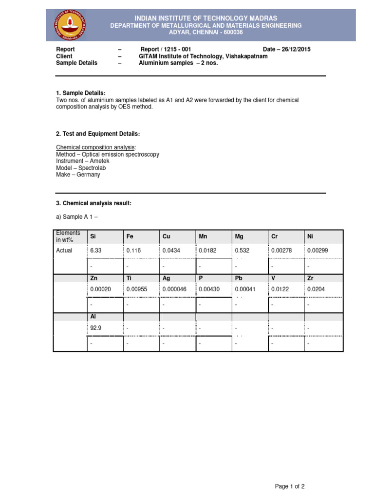 A356 Chemical Composition Report | PDF | Physical Chemistry | Chemical ...