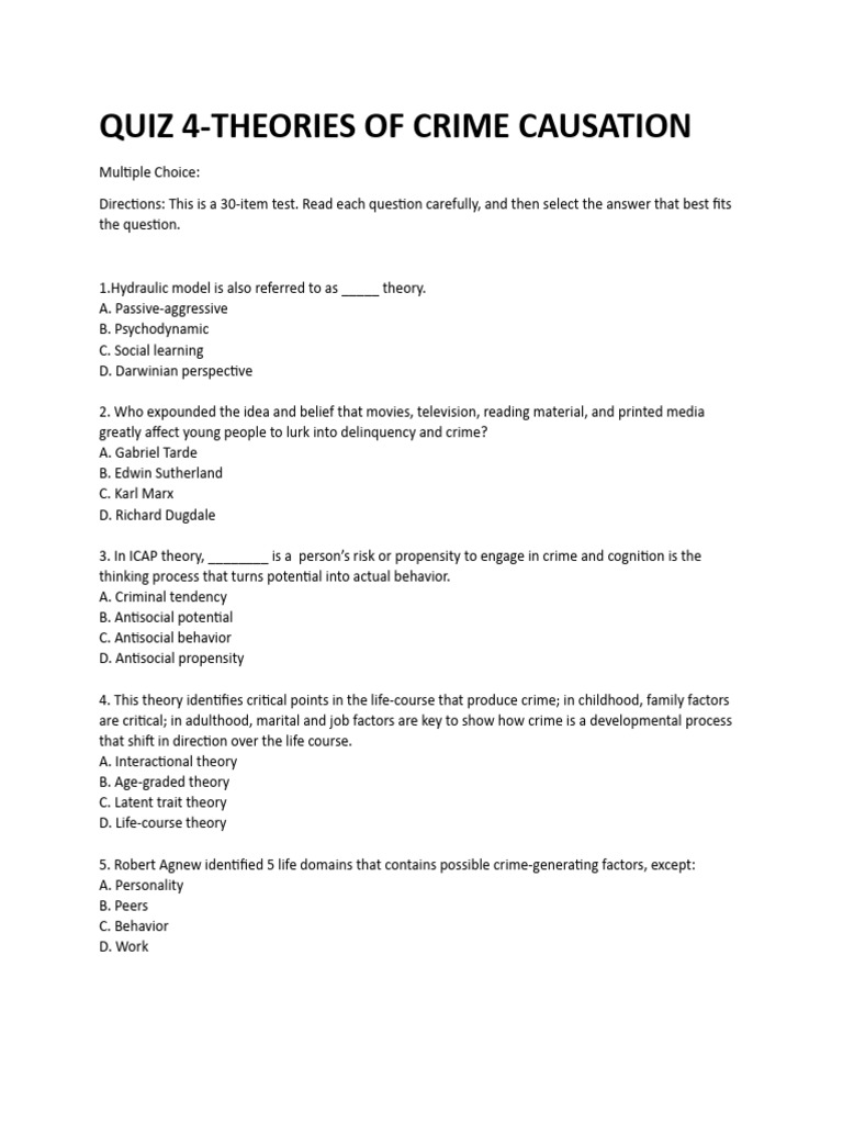 Theories of Crime Causation Quiz | PDF | Criminology | Deviance (Sociology)