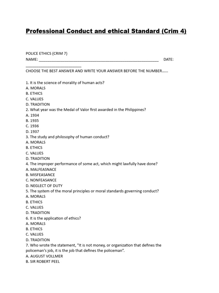 Police Ethics and Conduct Quiz | PDF | Morality | Police