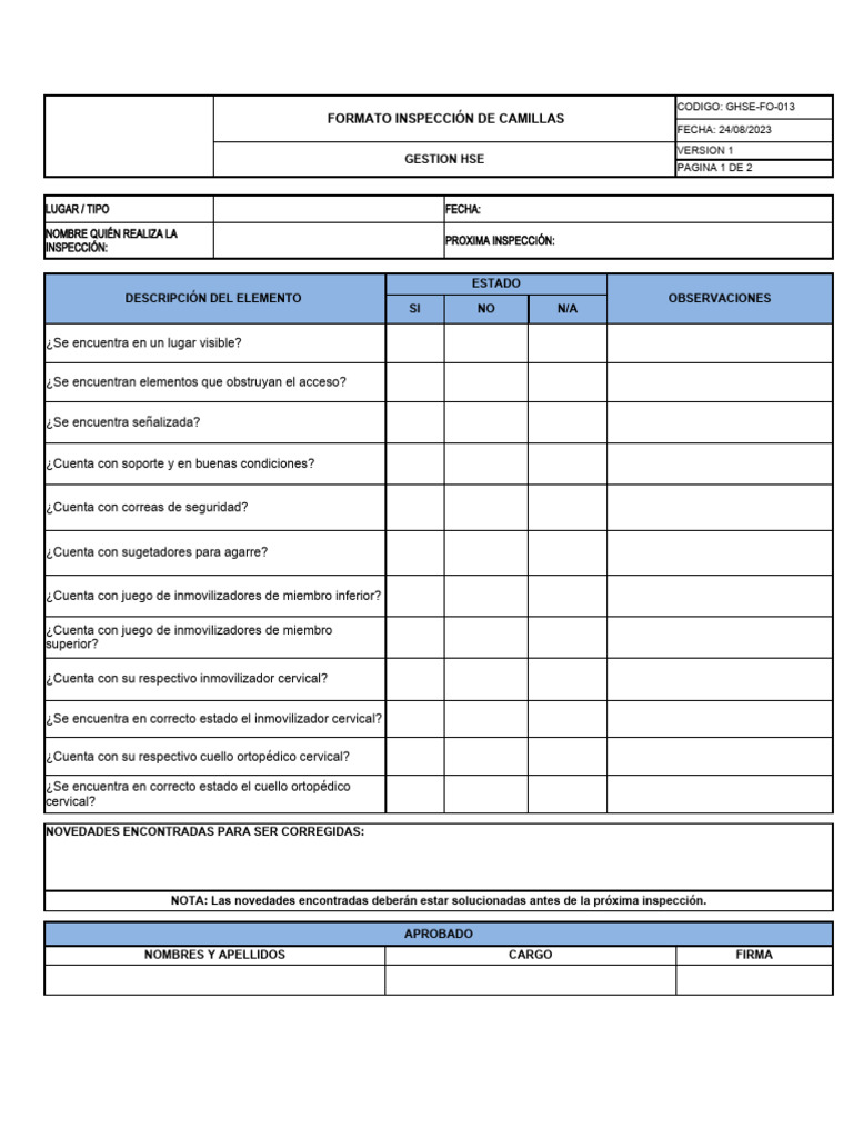 Ghse-Fo-013 Formato de Inspección de Camillas | PDF