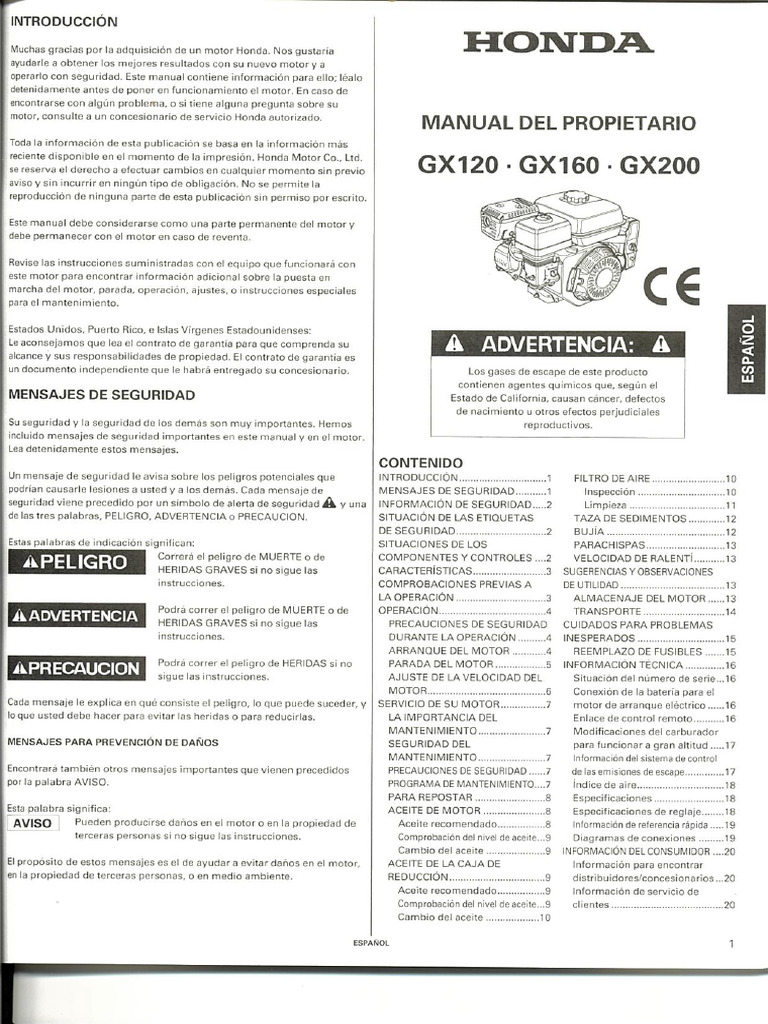 HONDA GX120, GX160, GX200 Manual Del Propietario | PDF