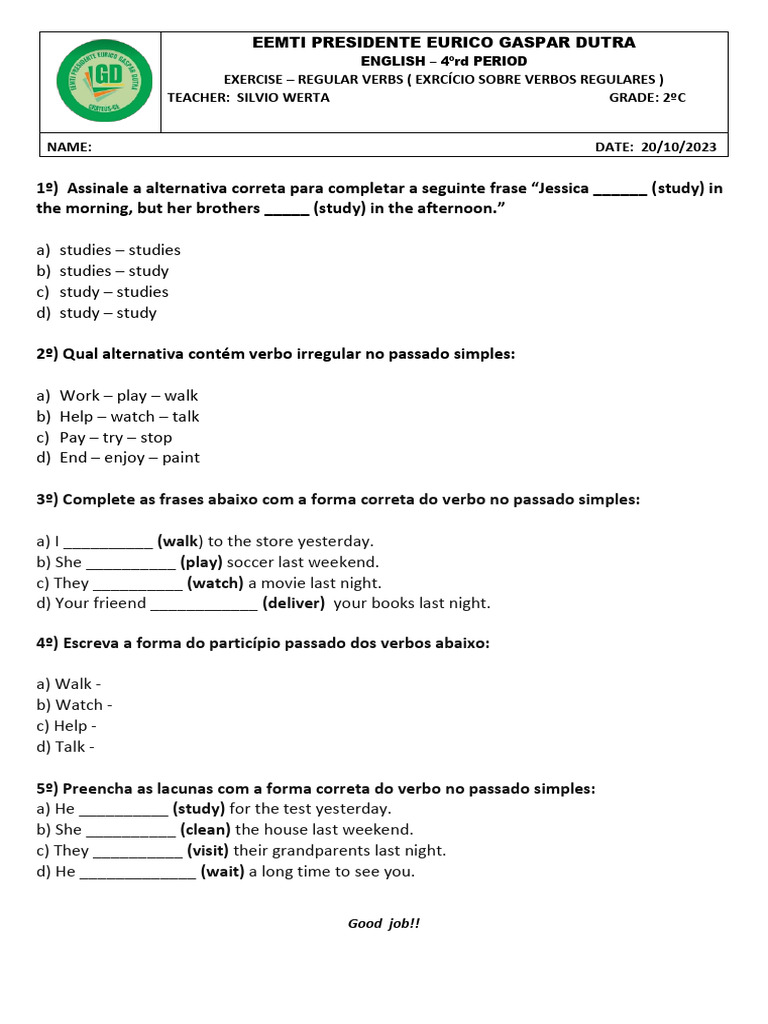 Inglês - 2ºc - 4ºbim - Exercicio Regular Verbs | PDF