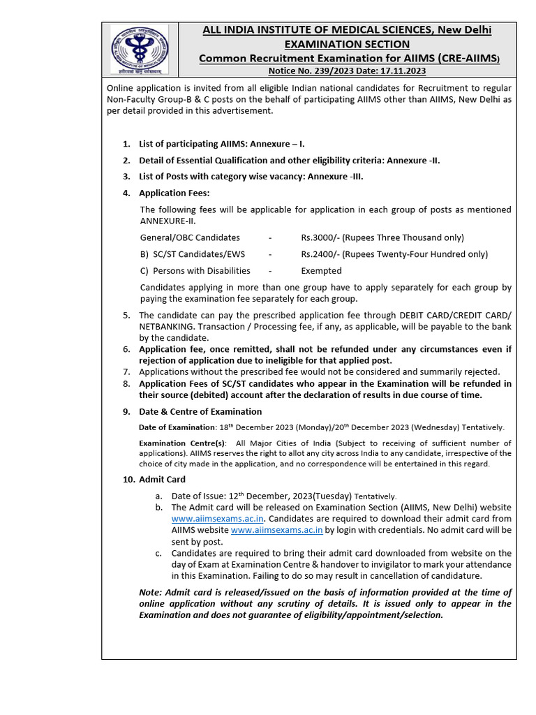 CRE-AIIMS Advertisement v7 | PDF