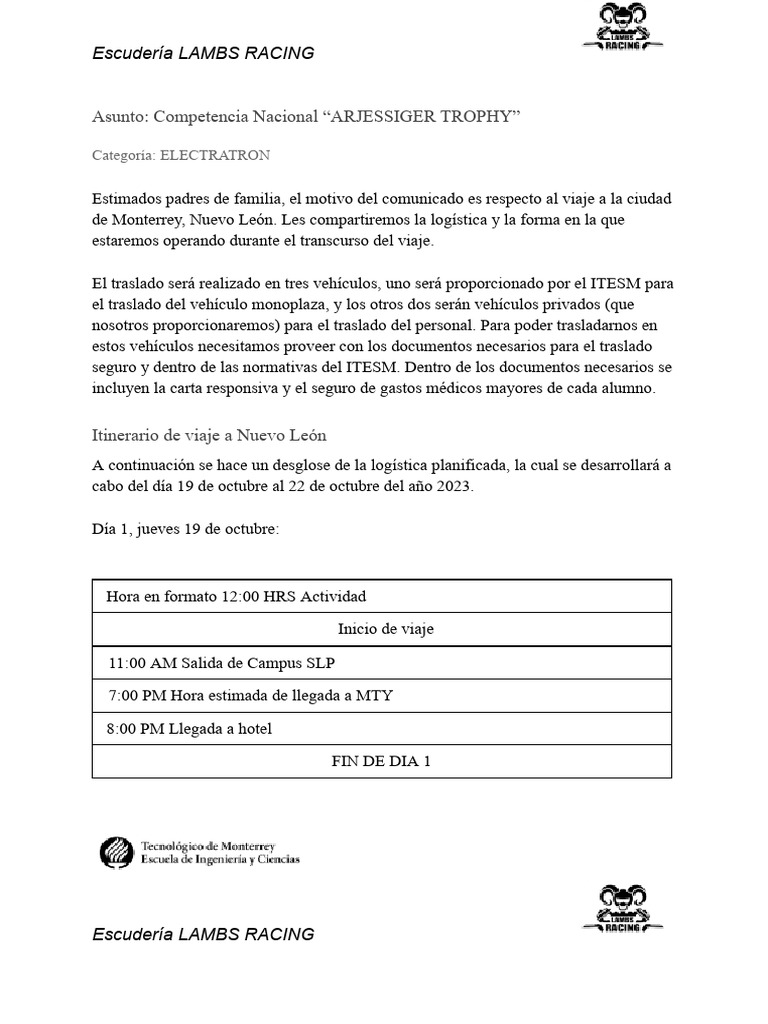 Intinerario Viaje MTY | PDF