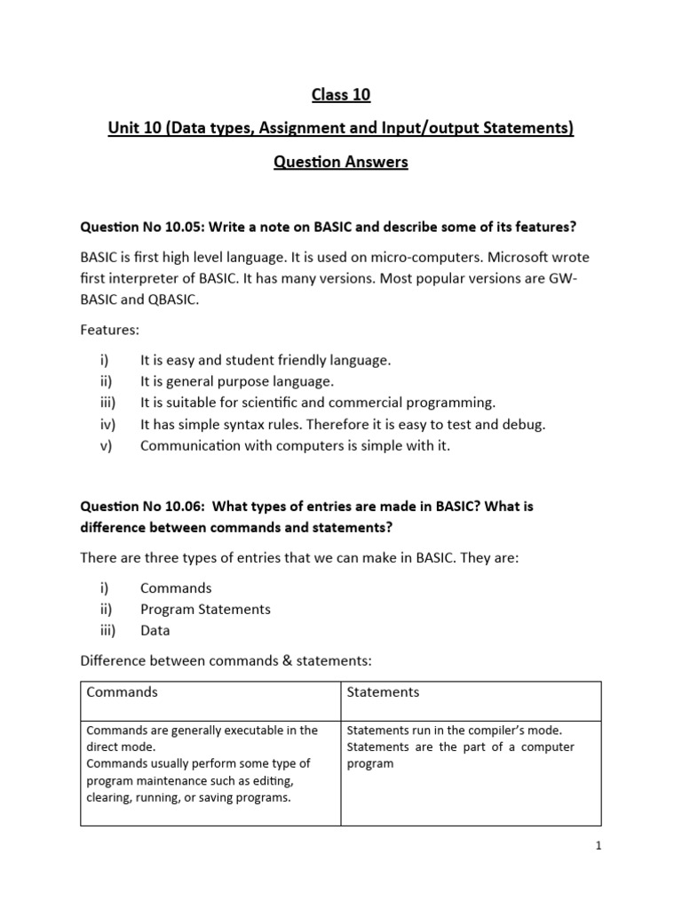 Data Types, Assignment and Input/output Statements in BASIC Programing Language | PDF | Computer ...