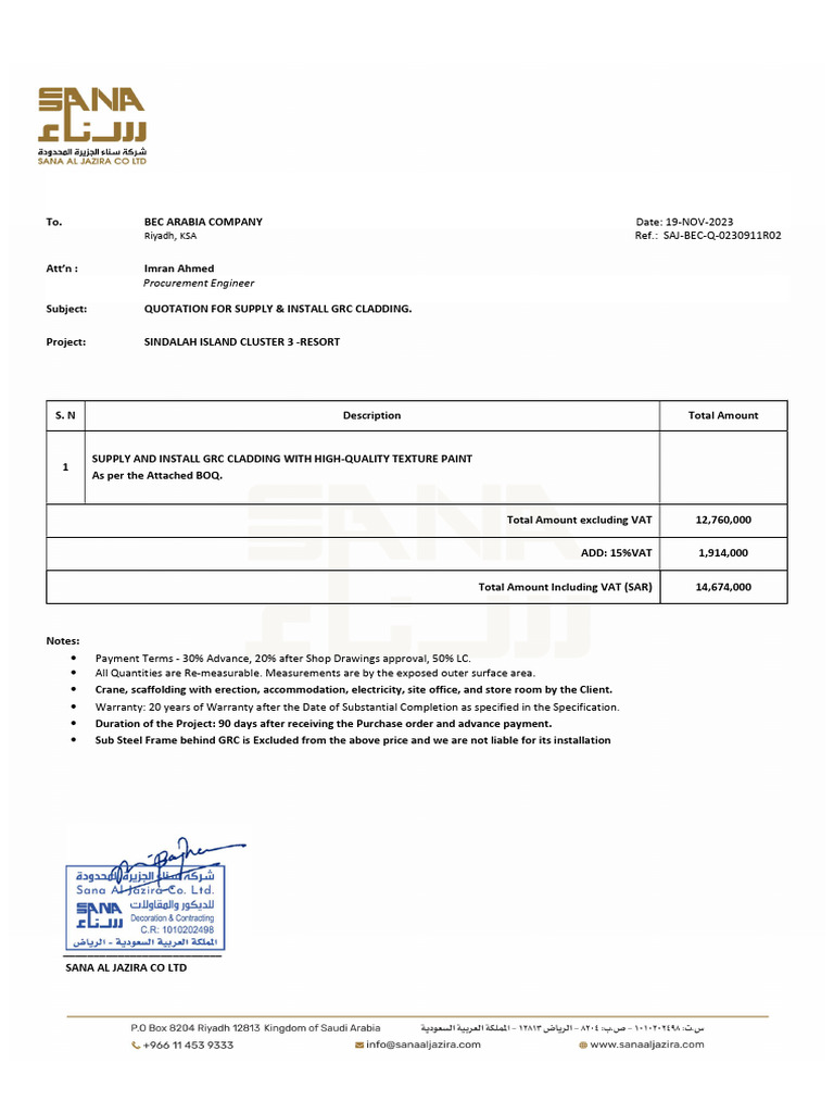 GRC Cladding Quotation for Sindalah Resort | PDF