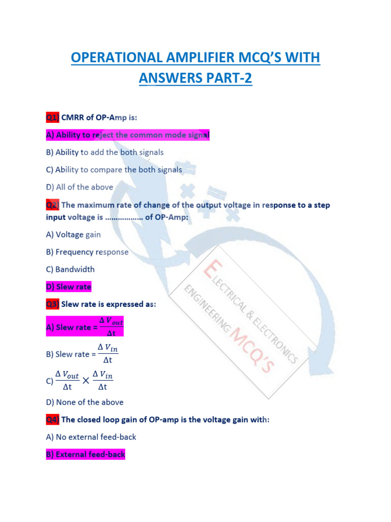 Op-Amp MCQs for Engineering Students | PDF | Operational Amplifier ...