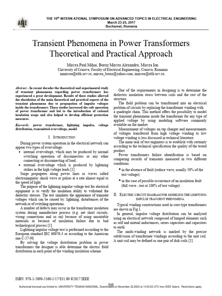 Transient Phenomena in Power Transformers Theoretical and Practical Approach | PDF | Transformer ...