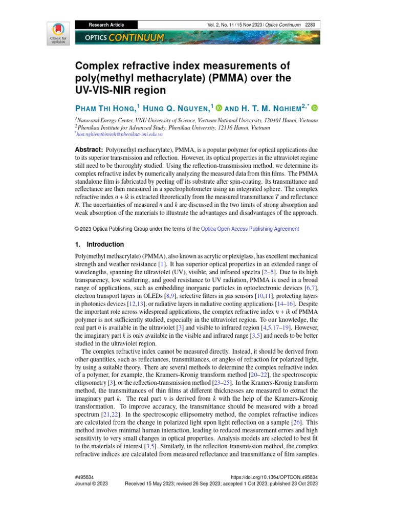 Complex Refractive Index Measurements of | PDF | Poly(Methyl Methacrylate) | Refractive Index