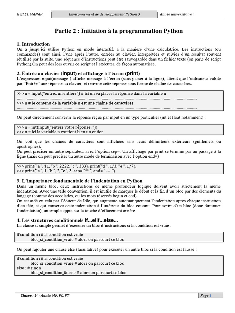 Introduction à Python pour Débutants | PDF | Structure de contrôle | Python (Langage de ...