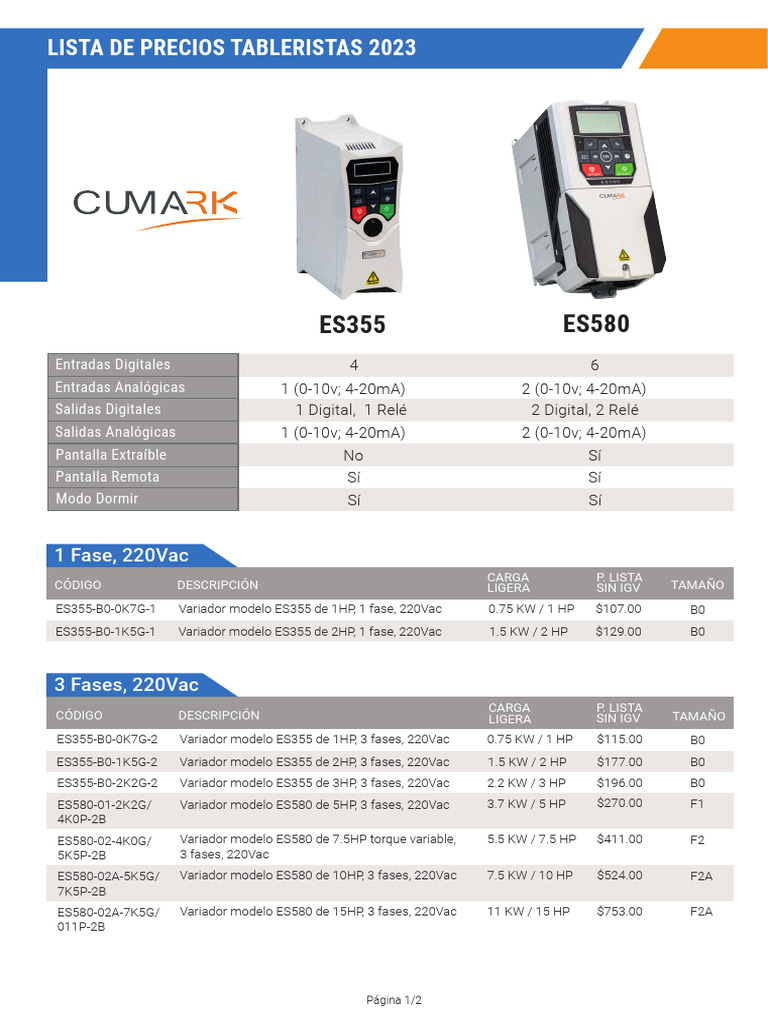 Lista de Precios Cumark Tableristas 2023 | PDF