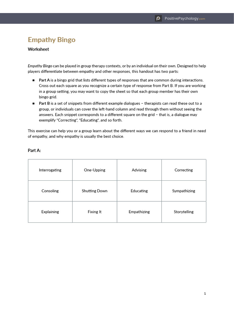 Empathy Bingo Worksheet | PDF | Empathy | Psychology