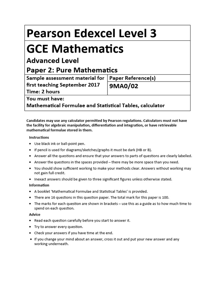 A Level Maths Paper 2 Sample Material | PDF | Mathematics | Equations