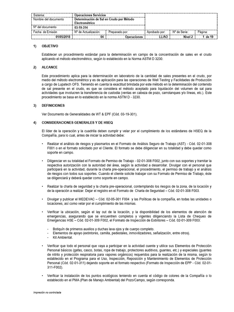 Determinación de Sal en Crudo por Método Electrométrico.v4 | PDF | Laboratorios | Calibración