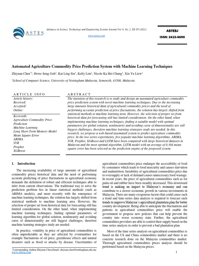 Automated Agriculture Commodity Price Prediction System With Machine Learning Technique