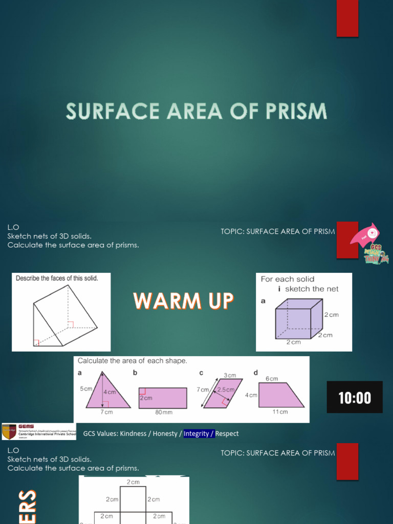 Year 9 Maths - Surface Area of Prisms | PDF | Area | Integrity