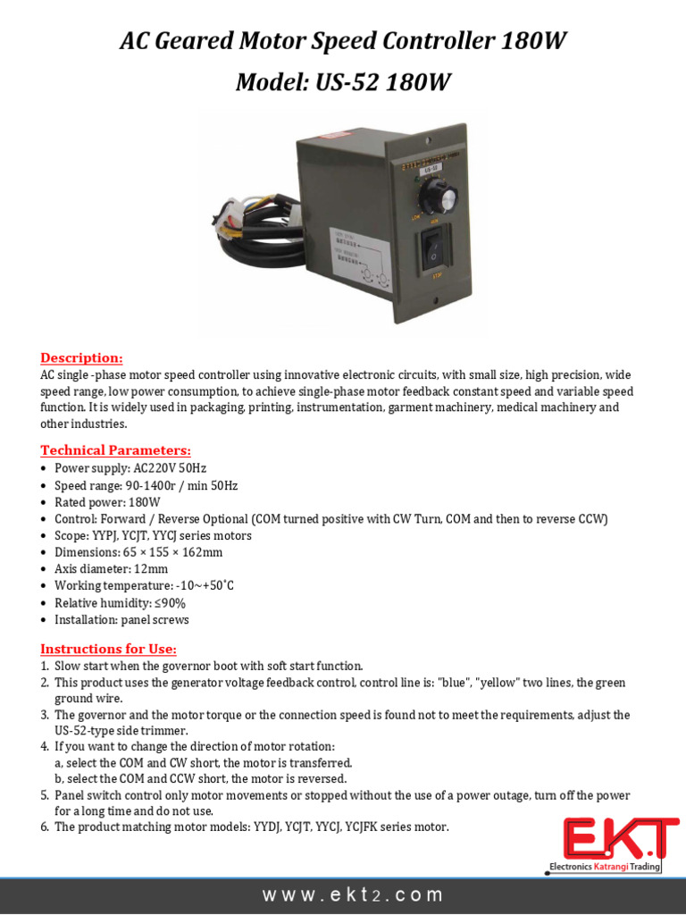 AC Geared Motor Speed Controller 180W Model: US-52 180W: WWW - Ekt | PDF