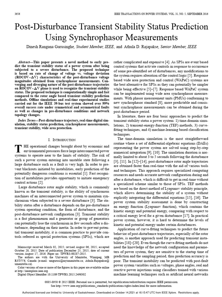 Post-Disturbance Transient Stability Status Prediction Using Synchrophasor Measurements | PDF ...