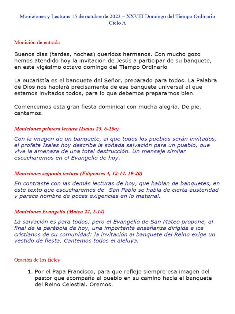 Moniciones y Lecturas 15 de Octubre de 2023 | PDF