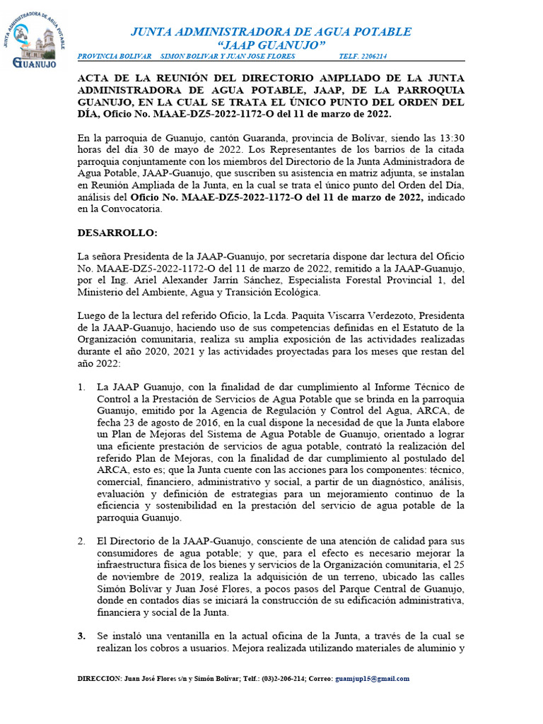 Ruth Informe de Ejecución de Obras de Mejoramiento de La Junta de Agua Potable de Guanujo 2020 ...