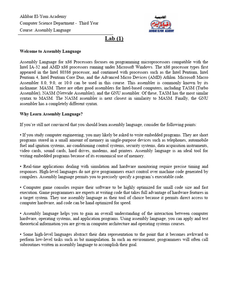Assembly Lab 1 | PDF | Assembly Language | Computer Program Assembly Lab 1 | PDF | Assembly Language | Computer Program