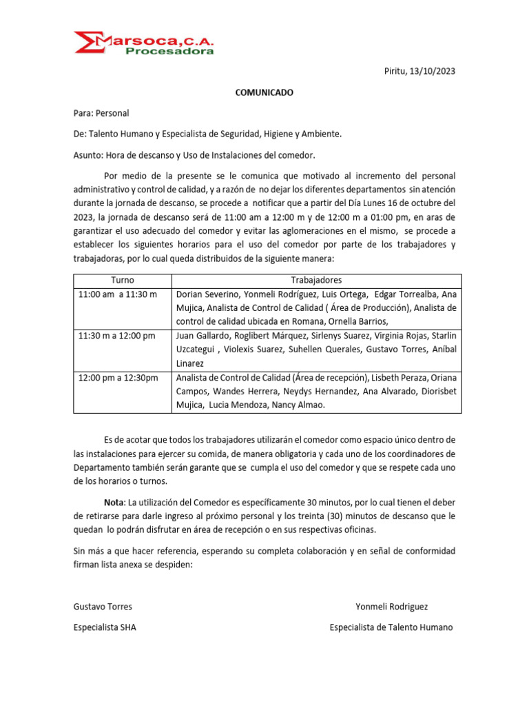 Horario Uso de Comedor | PDF