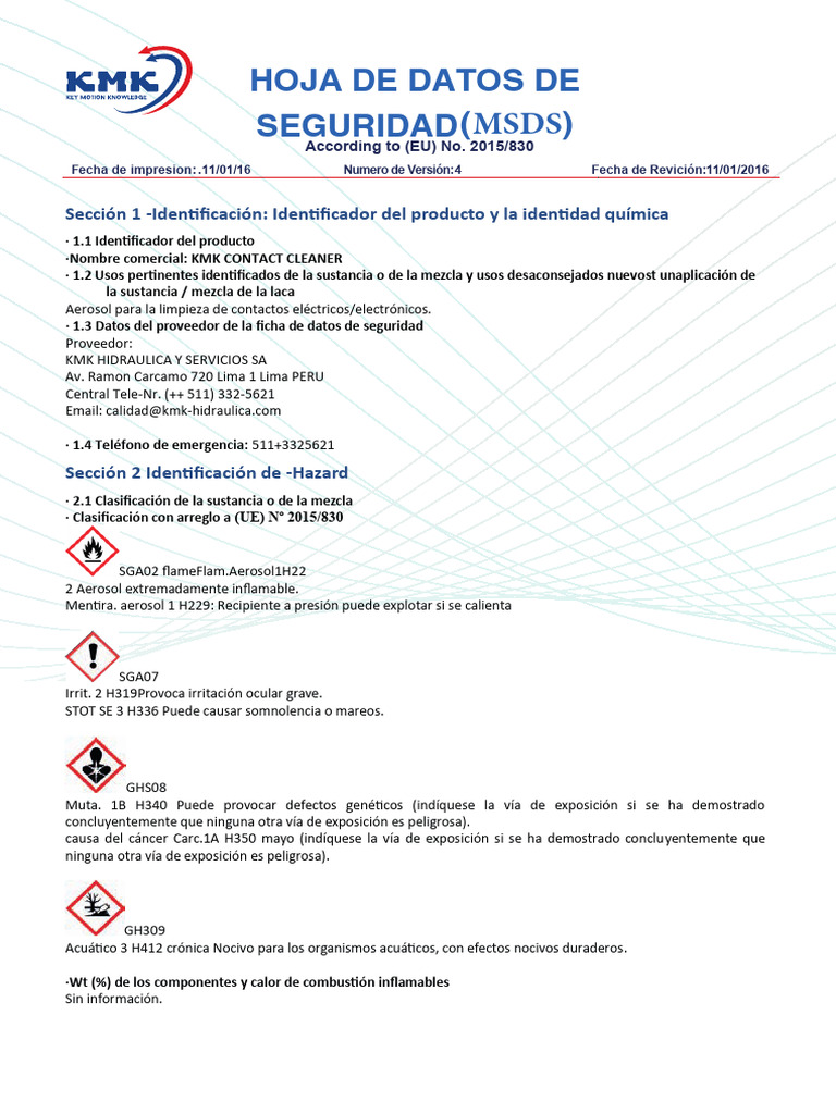 MSDS KMK Contact Cleaner | PDF | Agua | Residuos