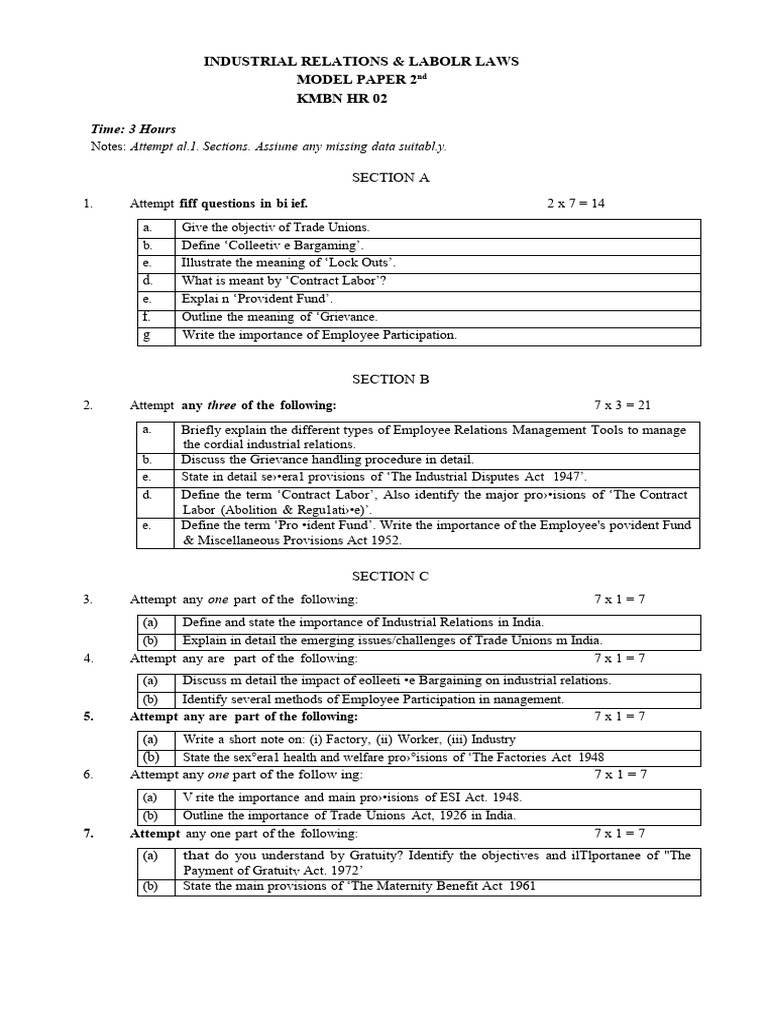 2nd Model - Industrial-Relations-And-Labour-Laws-Kmbn HR 02 | PDF ...