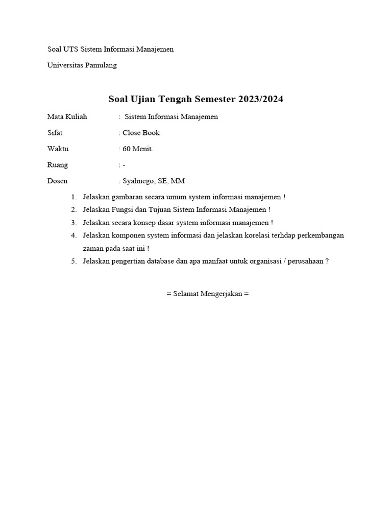 Soal UTS Sistem Informasi Manajemen. Syahnego | PDF