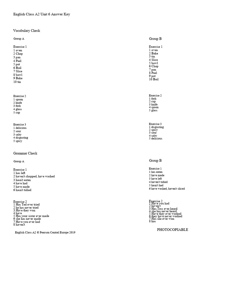 A2 English Unit 6 Answer Key | PDF | Cuisine | Foods