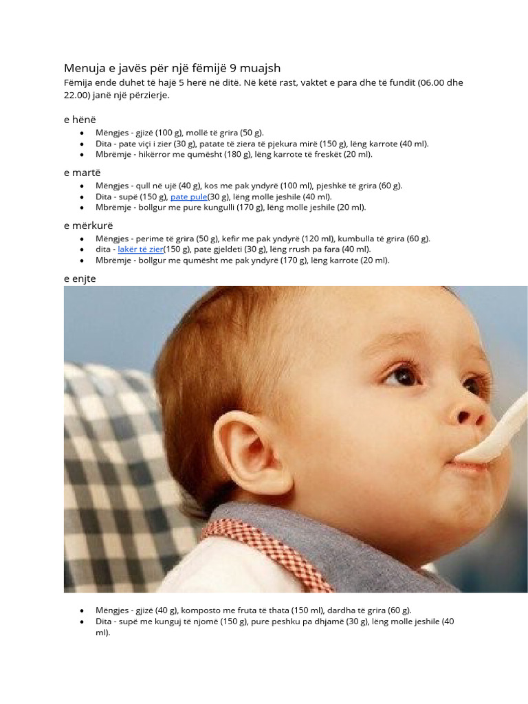 Menu Javore Per Femije 9 Muajsh | PDF