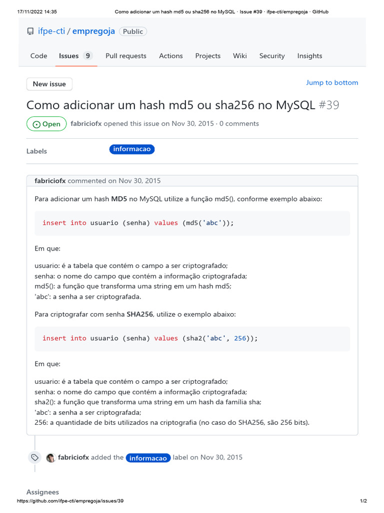 Como Adicionar Um Hash md5 Ou Sha256 No MySQL | PDF