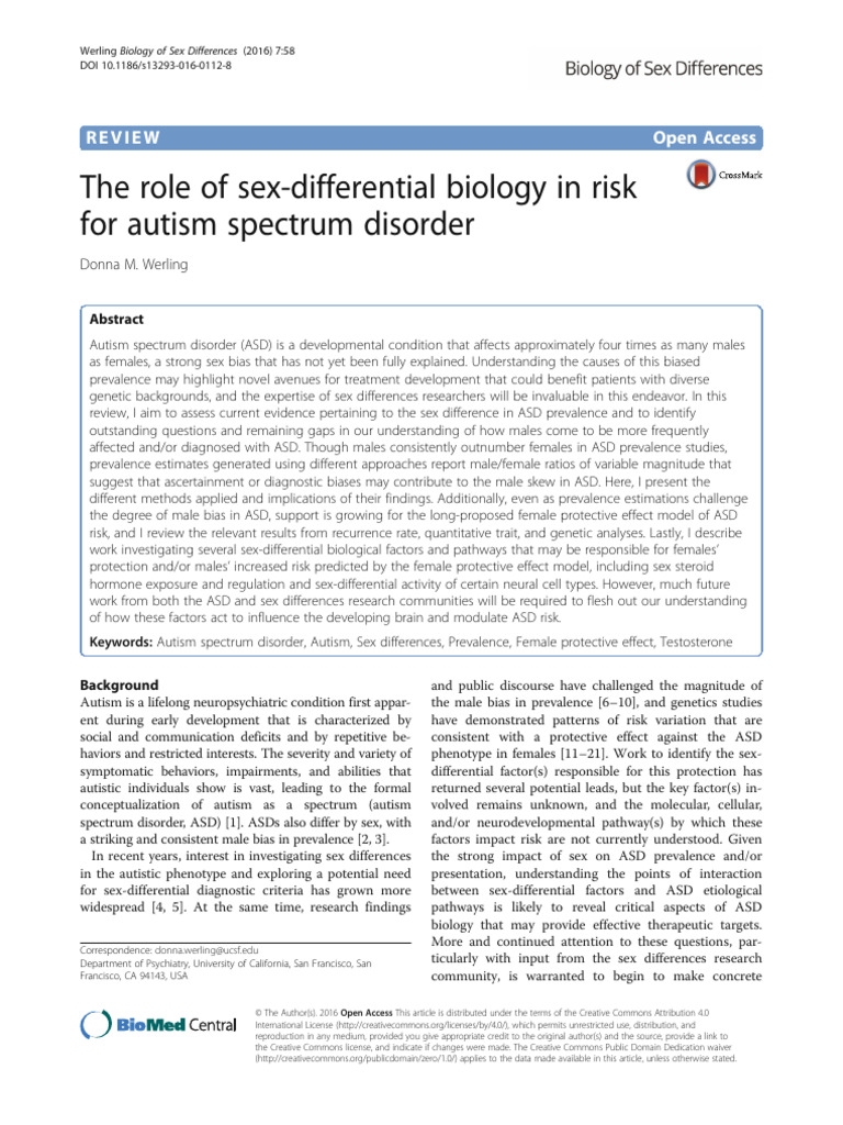 The Role Of Sex Differential Biology In Risk Pdf Autism Spectrum