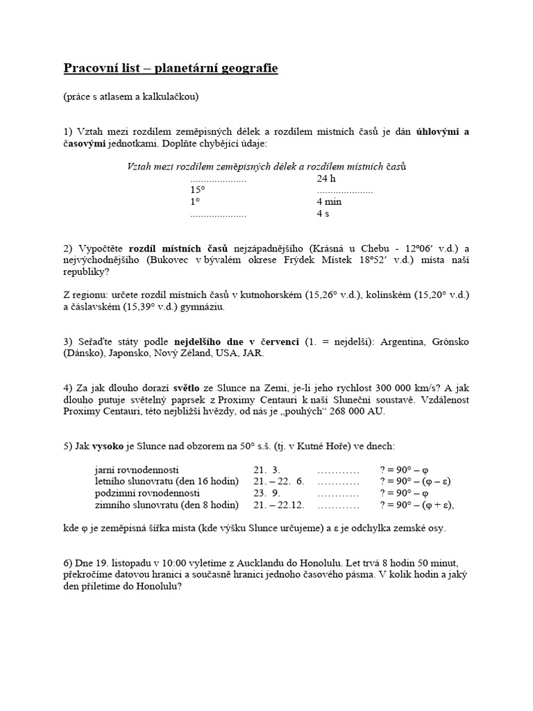 Planetarni Geografie Pracovni List | PDF