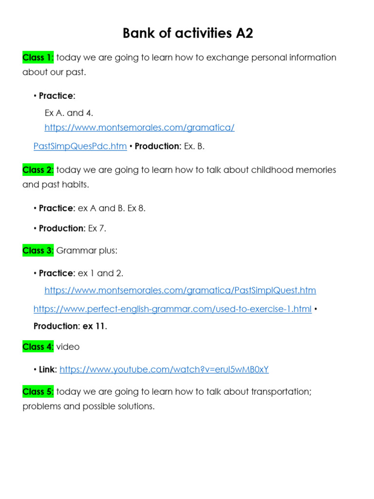 A2 Bank of Activities by Teacher Yaily G. | PDF | Semantic Units ...