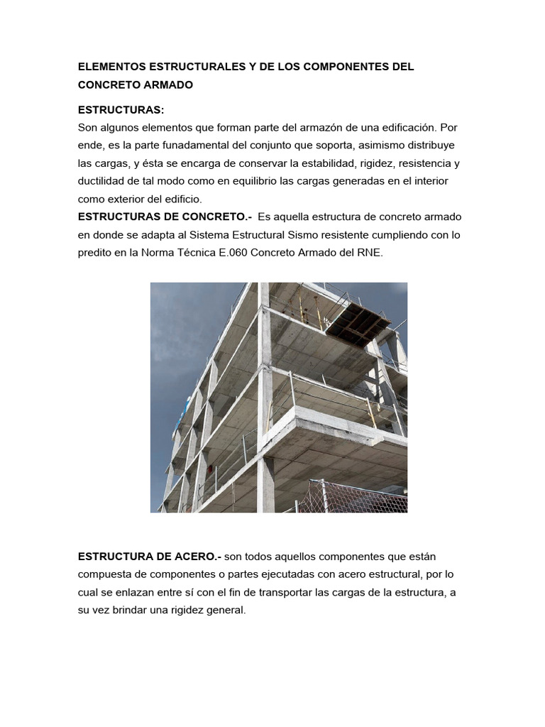 ELEMENTOS ESTRUCTURALES Y DE LOS COMPONENTES DEL CONCRETO ARMADO | PDF ...