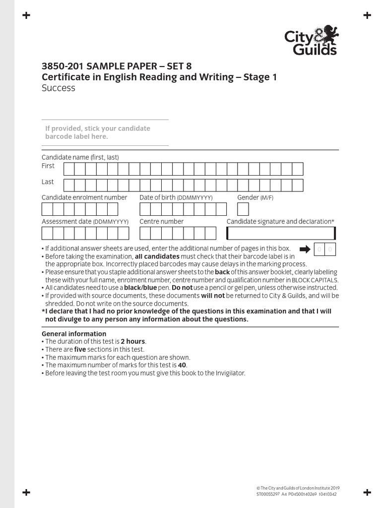 English Skills Stage 1 Sample Paper 2019 | PDF