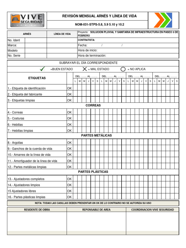 014 Revisión Mensual Arnes y Linea de Vida | PDF