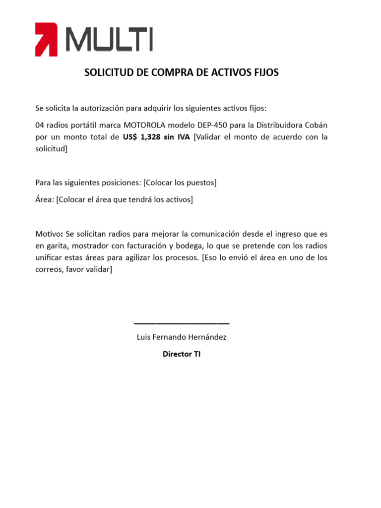 Formato Solicitud Autorizacion Compra de Activos Fijos | PDF