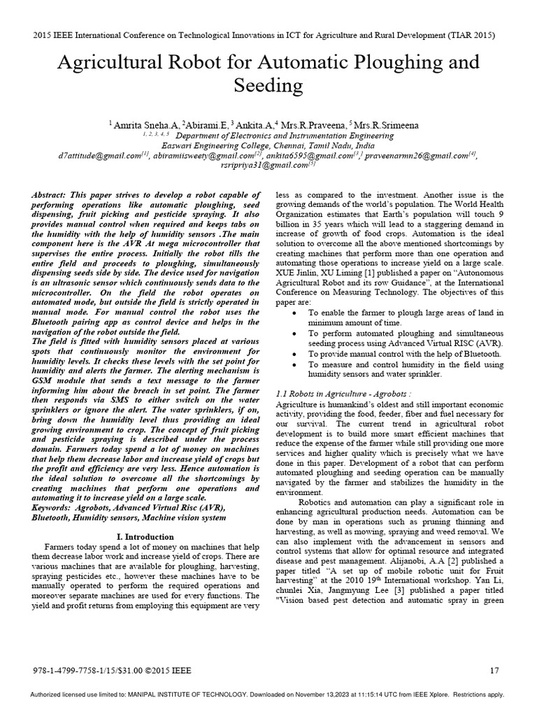 Agricultural Robot For Automatic Ploughing and Seeding | PDF | Electric ...