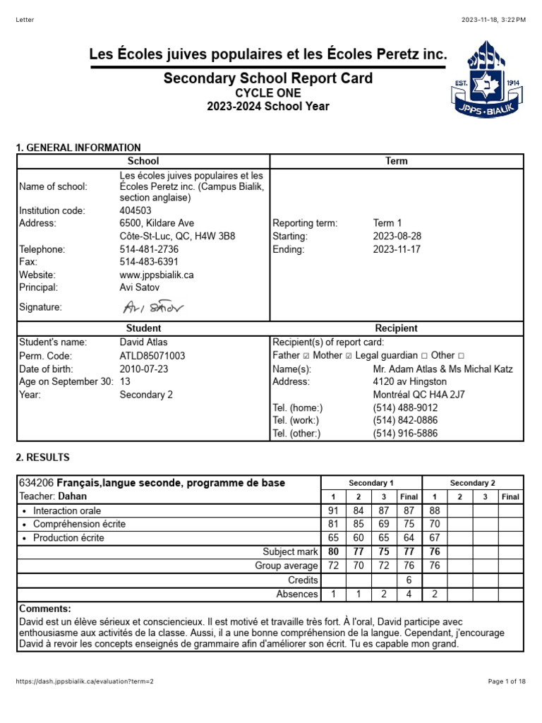 Report Card Term 1 Bialik 2023 | PDF | Geography | English Studies