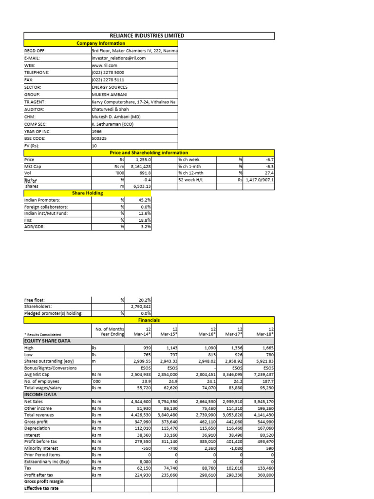 Reliance Industries Limited: Company Information | PDF | Book Value ...