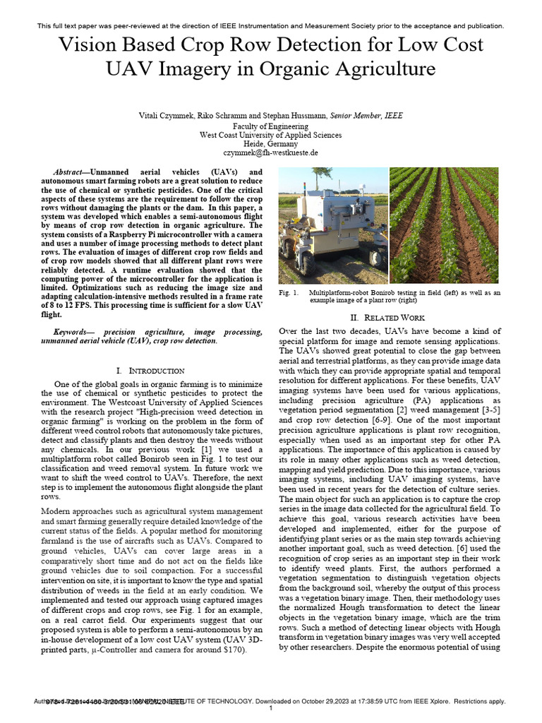 Vision Based Crop Row Detection For Low Cost UAV Imagery in Organic ...