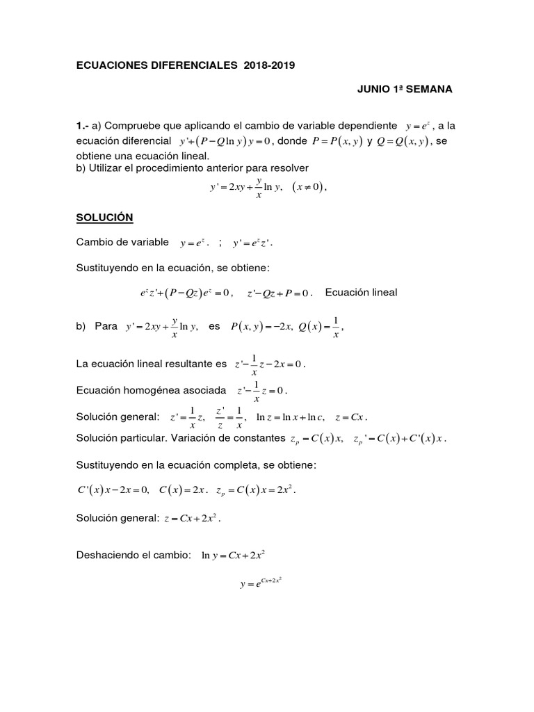 Y e y PQ Yy P Pxy Q Qxy: Ecuaciones Diferenciales 2018-2019 Junio 1 Semana | PDF | Ecuaciones ...