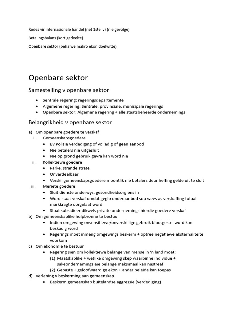 Redes Vir Internasionale Handel, Betalingsbalans, Openbare Sektor ...