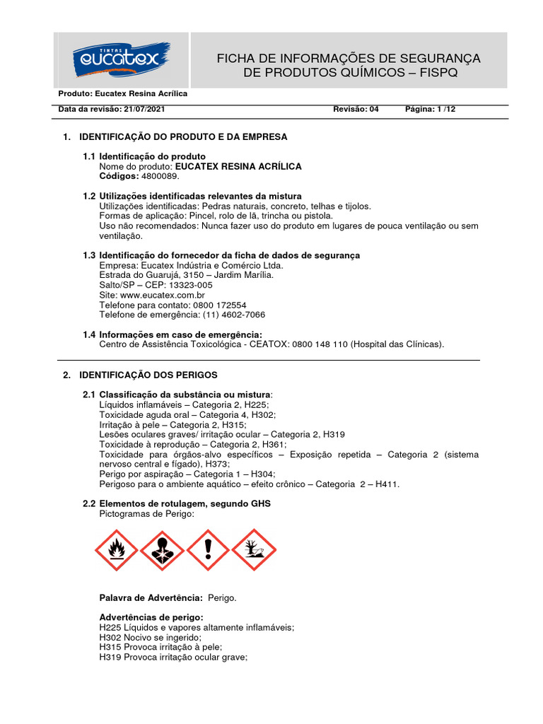 FISPQ - Resina Acrílica - Eucatex 2 | Download grátis PDF | Química