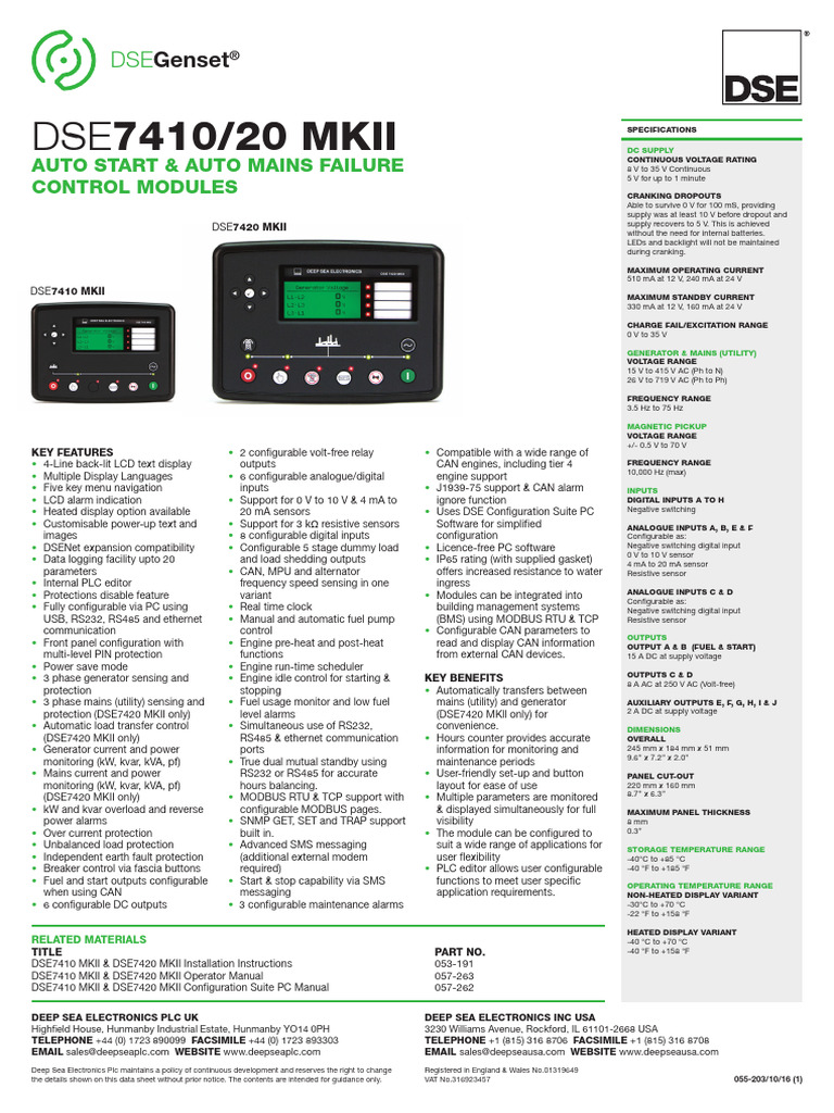Dse 7410 20 Mkii Data Sheet | PDF | Mains Electricity | Programmable Logic Controller